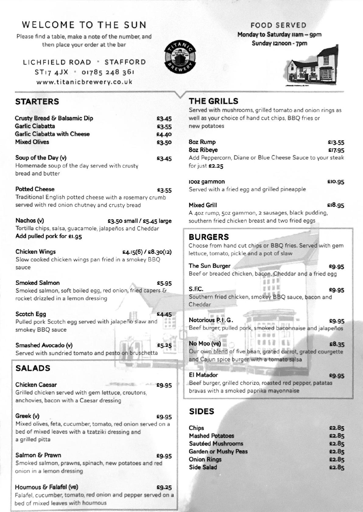 Menu at The Sun Inn pub & bar, Stafford