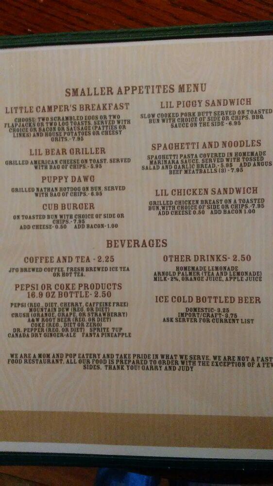 Menu at Timbers Log Cabin Restaurant, Gatlinburg, 600 Glades Rd #10