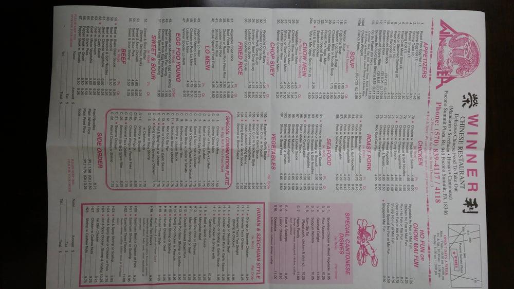 Menu at Winner restaurant, Pocono Summit