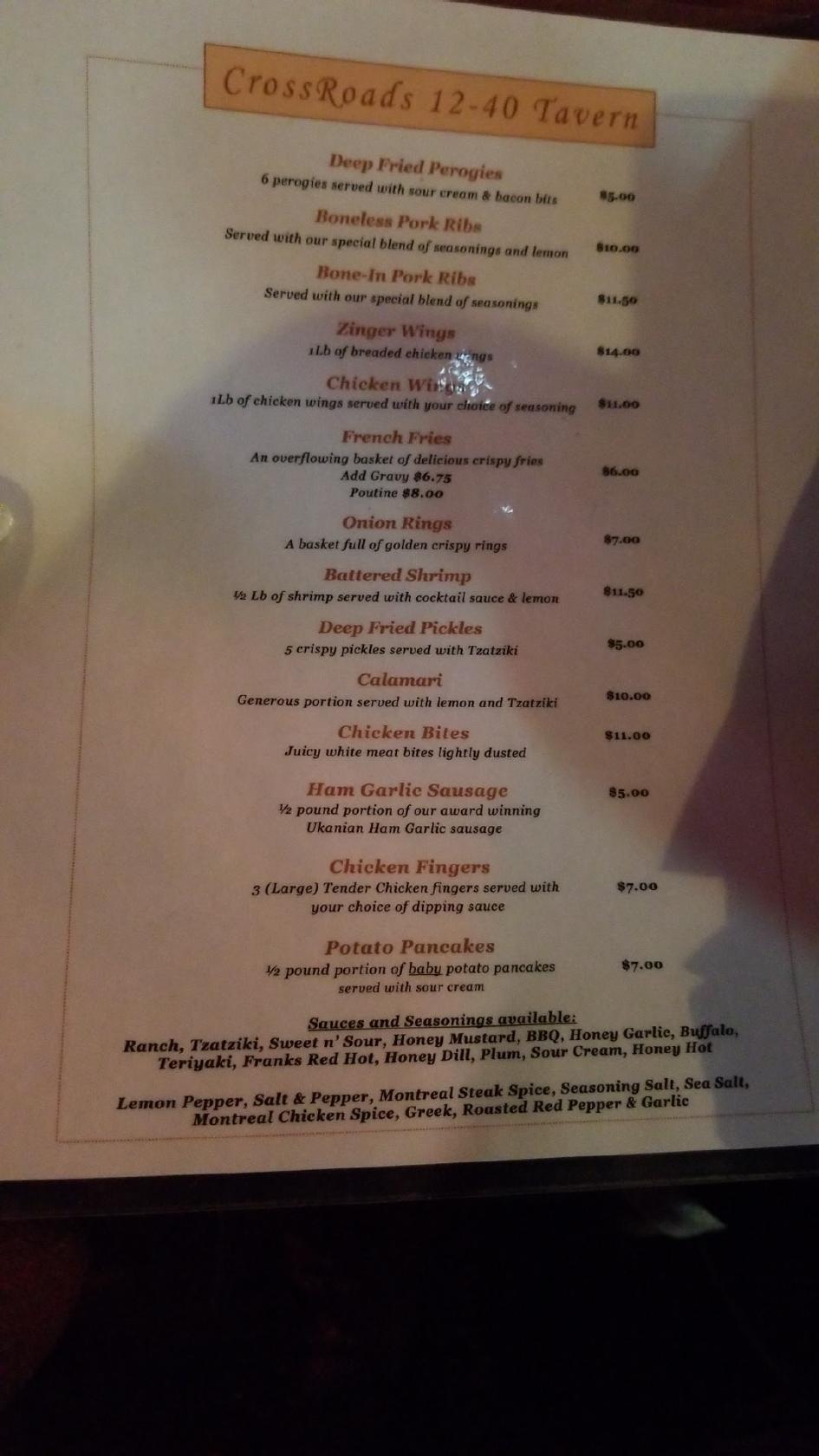 Menu at CrossRoads 12-40 Tavern Ltd pub & bar, Blaine Lake