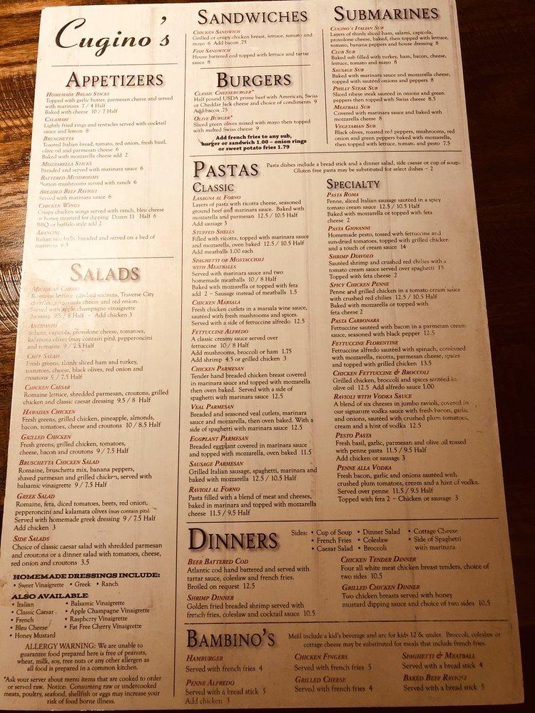 Menu at Cugino's pizzeria, Grand Ledge