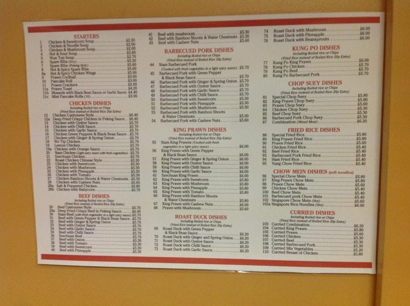 Menu at Golden City Chinese Takeaway fast food, Glasgow, 10 Lorne St