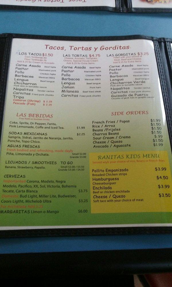 Menu at Las Ranas Taqueria restaurant, Houston, Hwy 249 Tomball