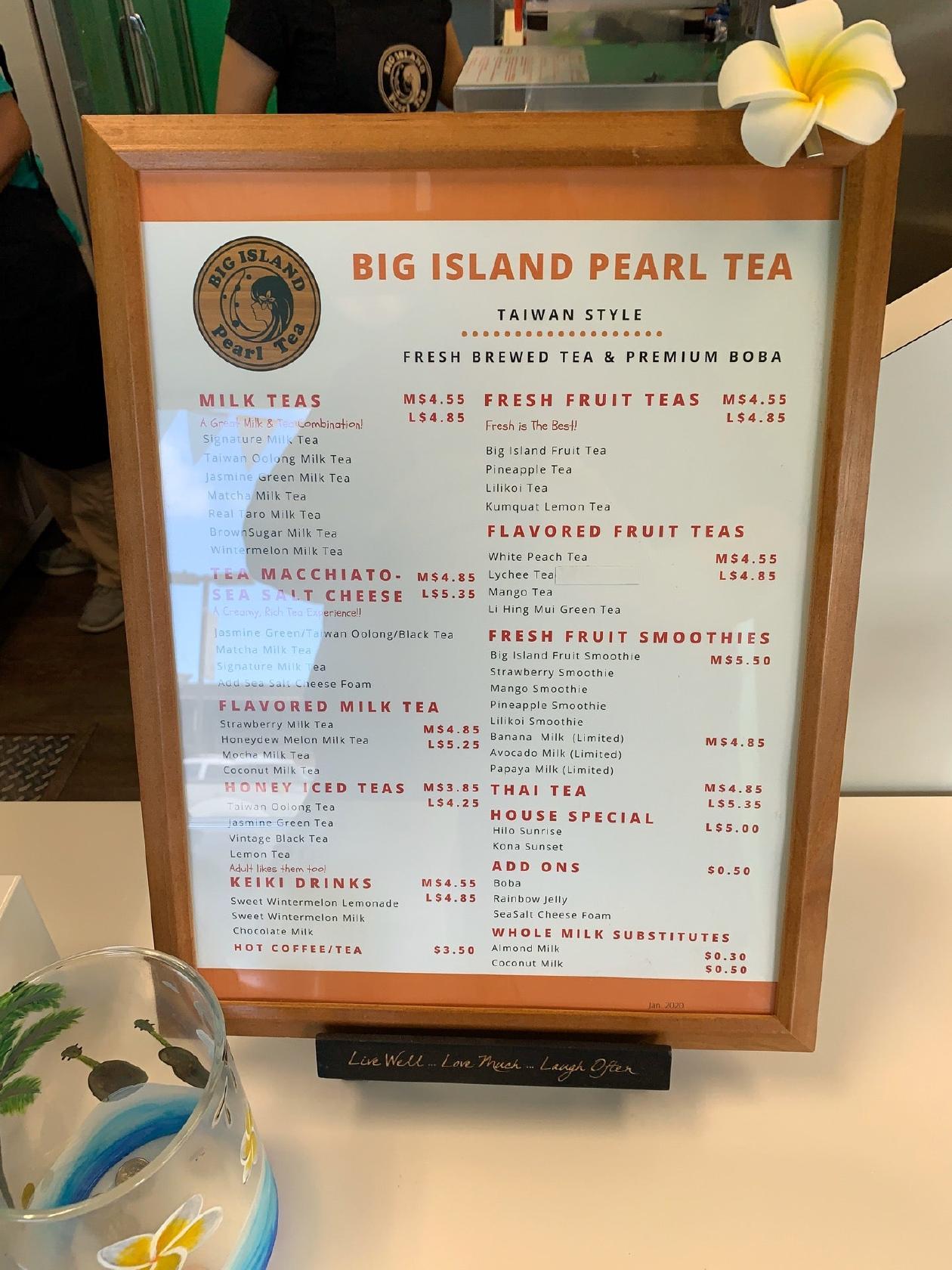 Menu at Pearl Tea, Hilo