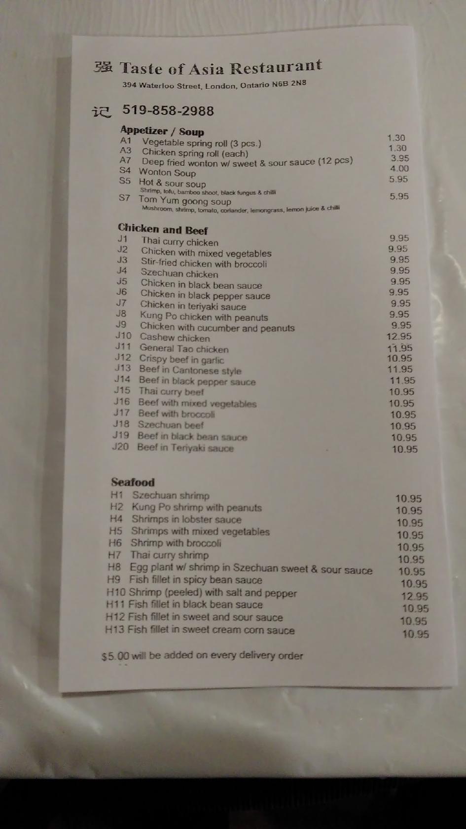 Menu at Taste of Asia Restaurant, London