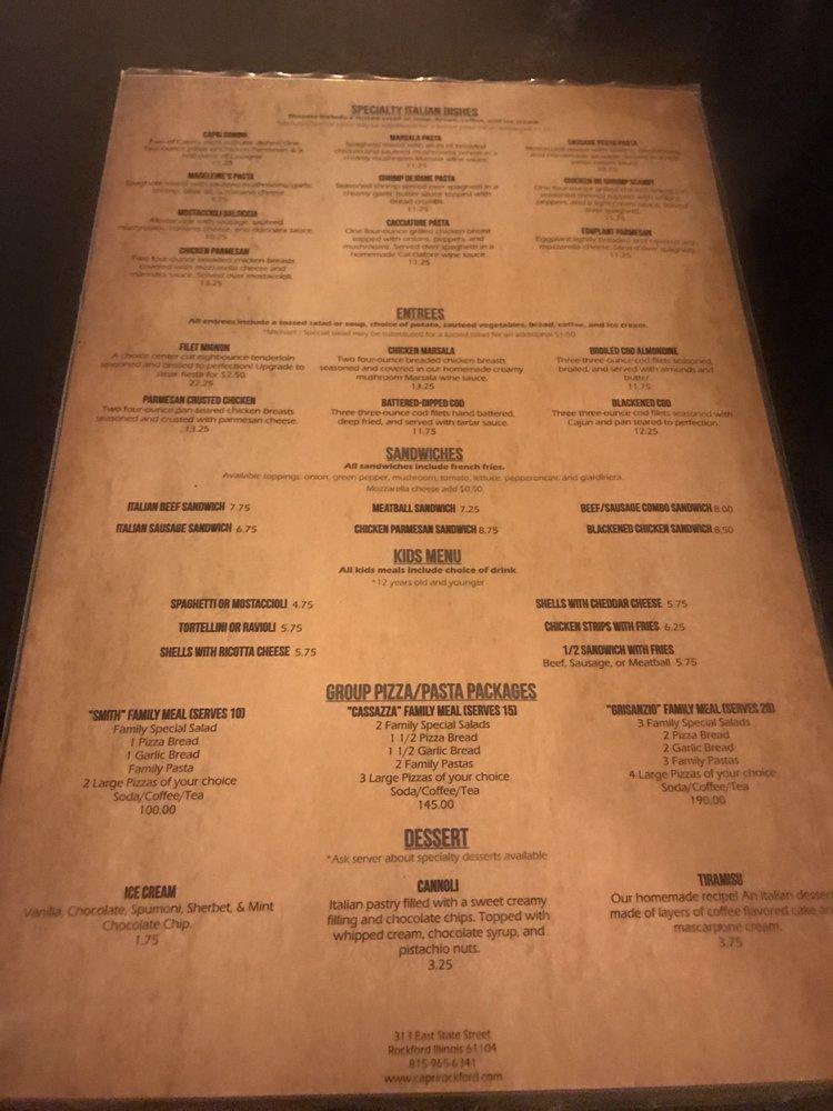 Menu at Capri Restaurant, Rockford, 313 E State St