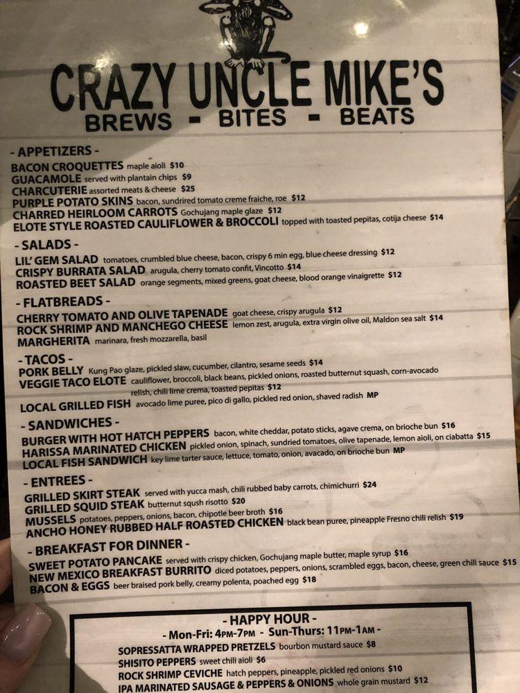 Menu at Crazy Uncle Mike's restaurant, Boca Raton