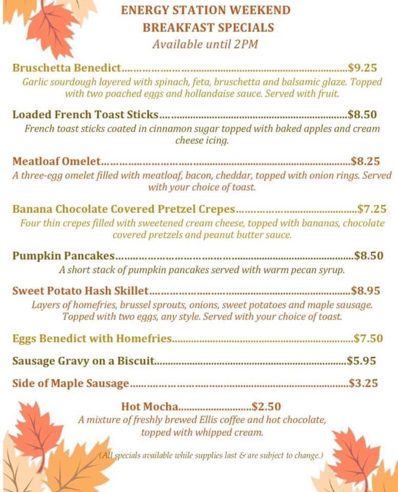 Menu at Energy Station restaurant, Harleysville