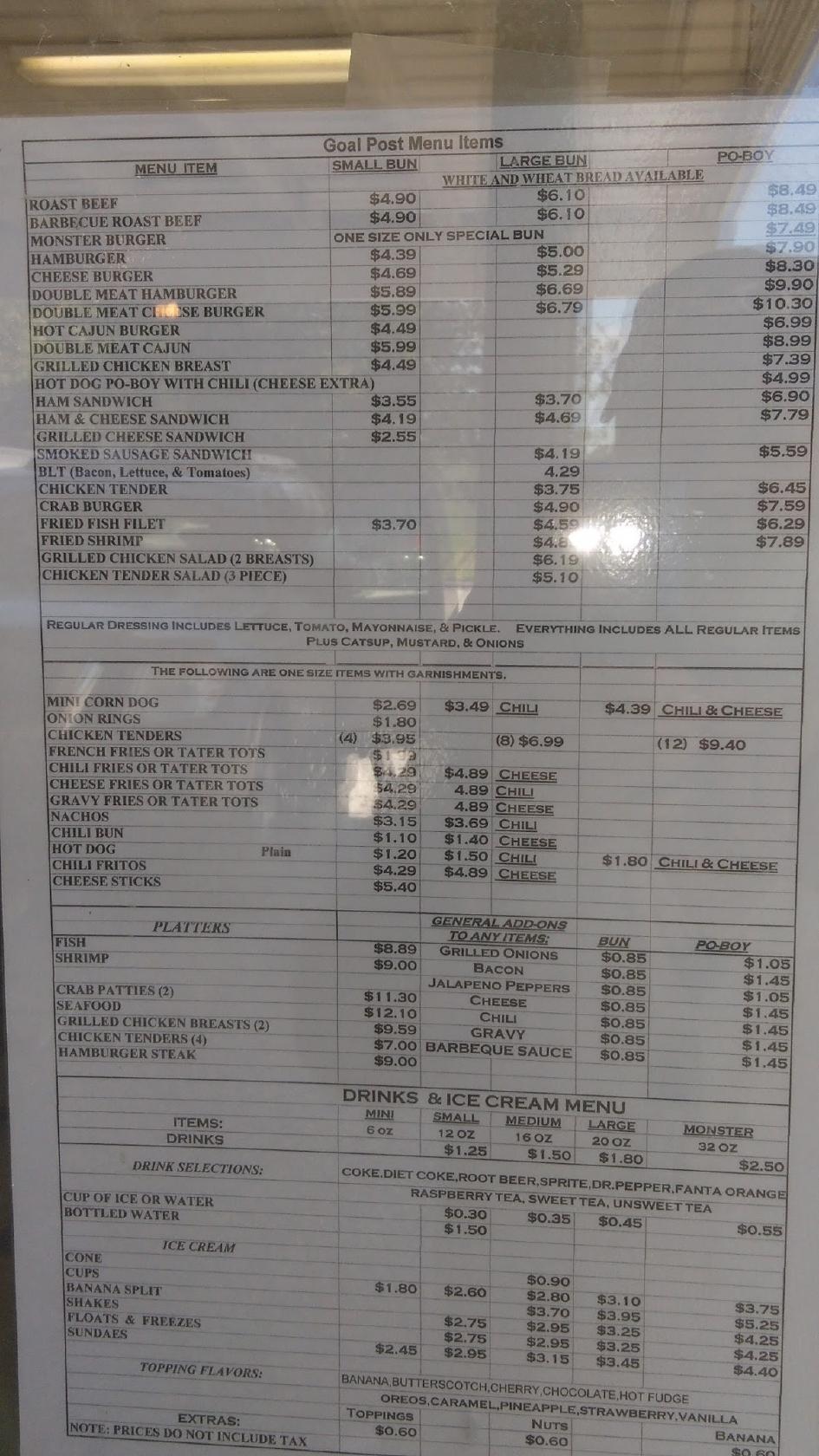Menu at Goal Post Drive Inn restaurant, Raceland