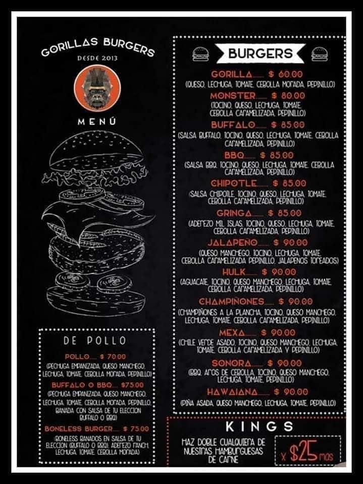Carta del restaurante Gorillas Burgers, Heroica Nogales