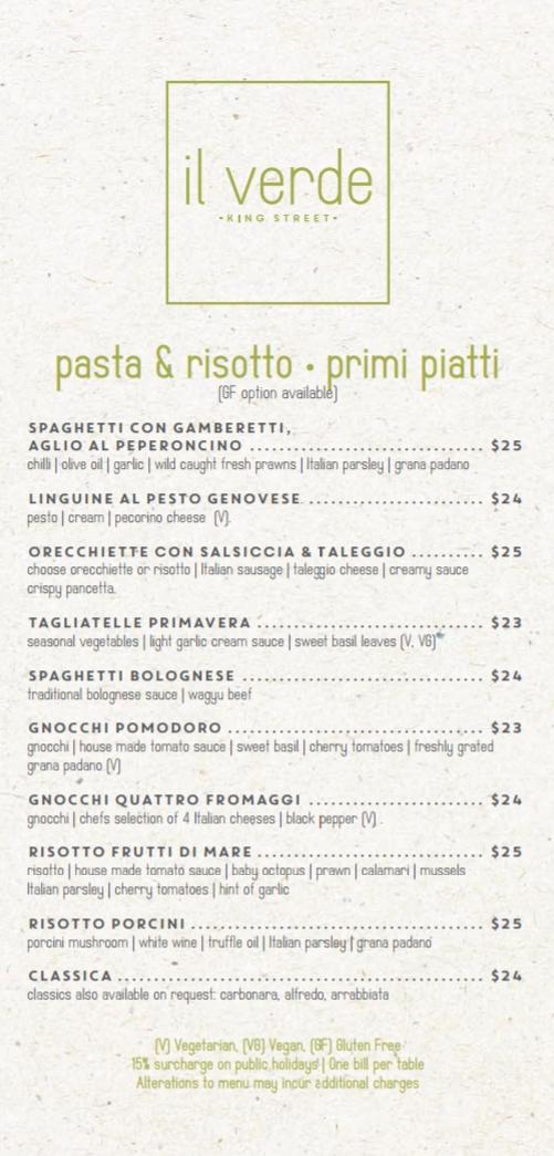 Menu at Il Verde restaurant, Bowen Hills