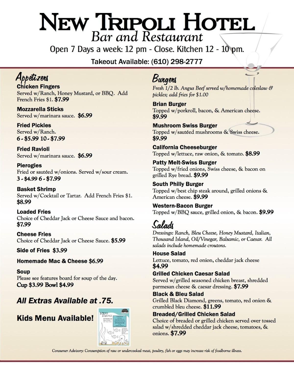 Menu at New Tripoli Hotel pub & bar, New Tripoli