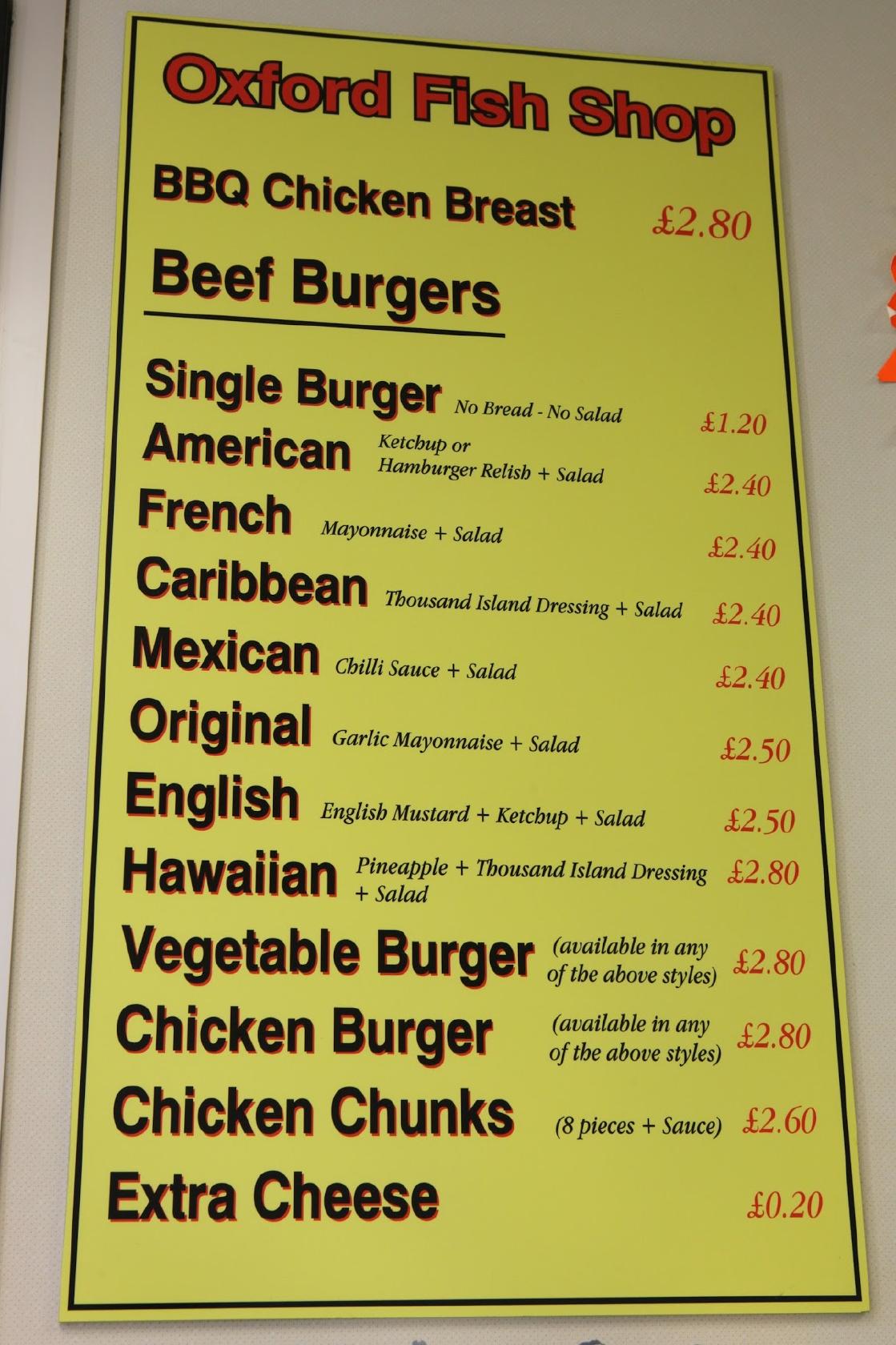 Menu at Oxford Fish Shop fast food, Oxford