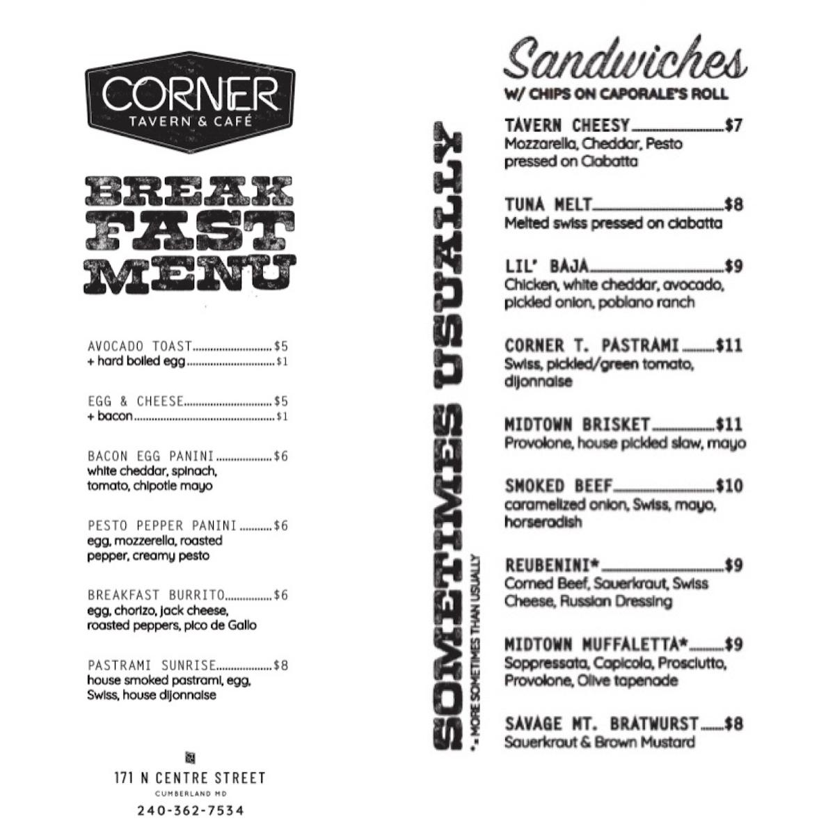 Menu at Corner Tavern and Cafe, Cumberland