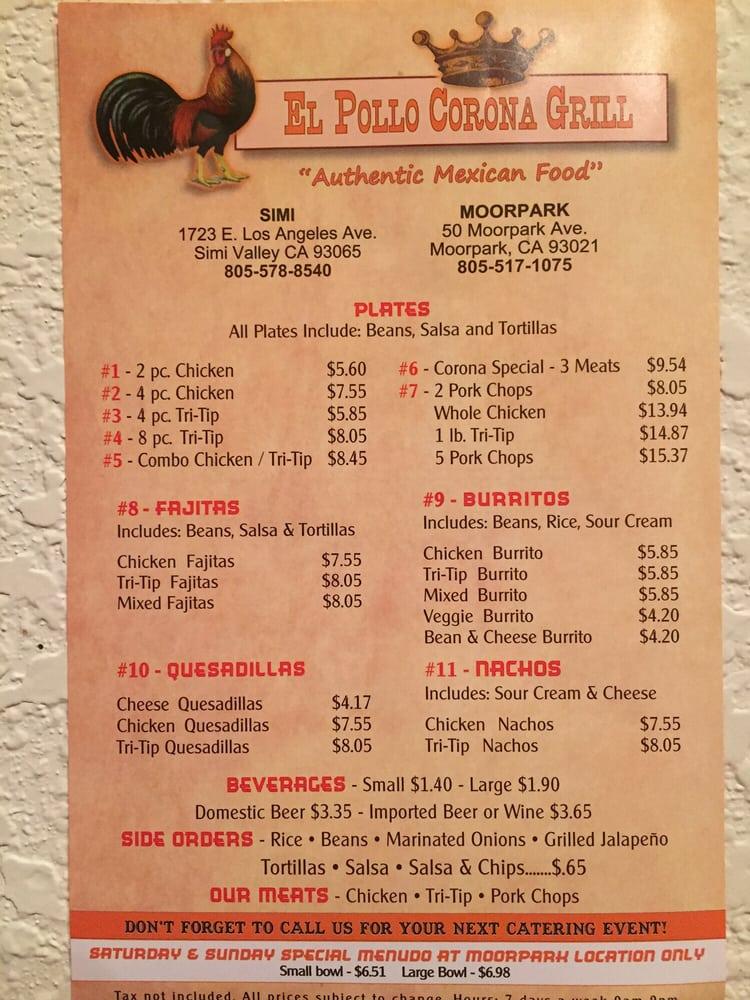 Menu at El Pollo Corona Grill restaurant, Moorpark