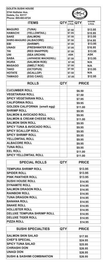 Menu at Goleta Sushi House restaurant, Goleta