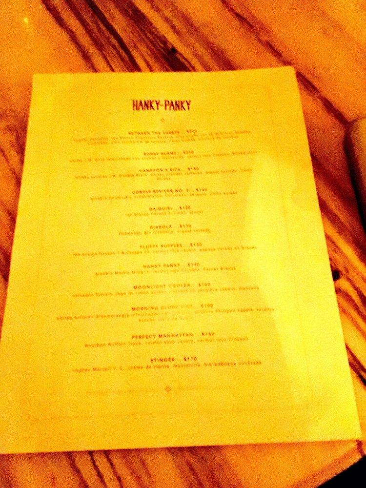 Menu at Hanky Panky Cocktail Bar, Mexico City
