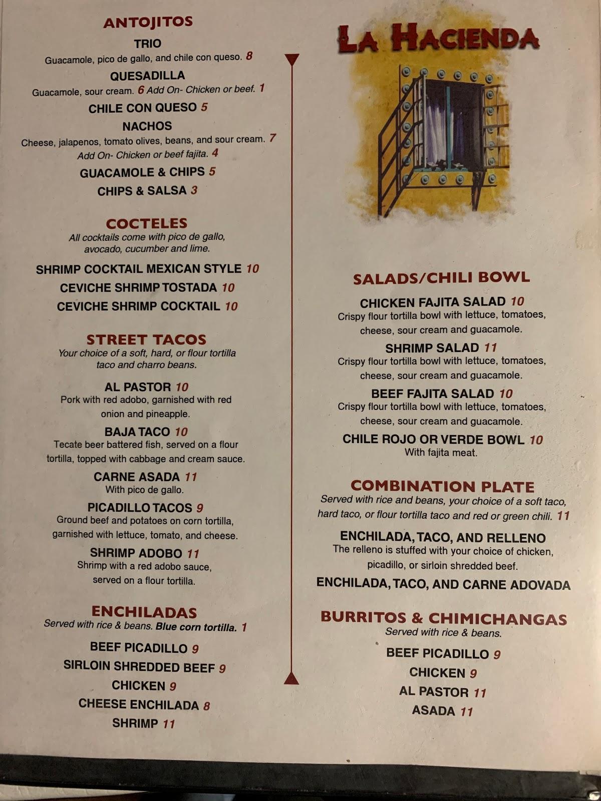 Menu at La Hacienda steakhouse, Moriarty, 5 Carl Cannon Ranch Rd