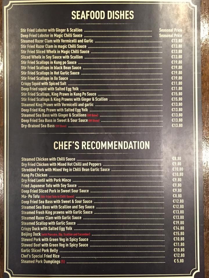 Menu at Old Town restaurant, Dublin