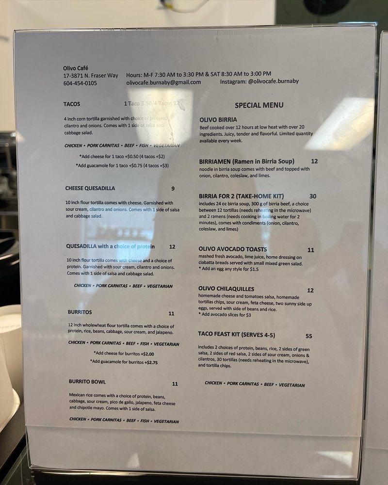 Menu at Olivo Cafe, Burnaby