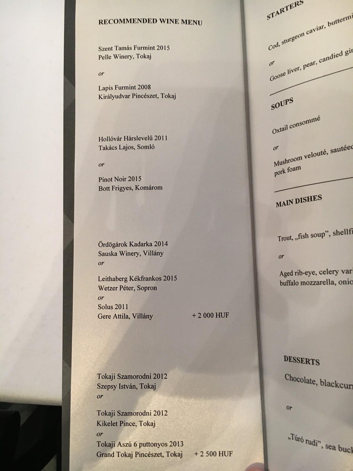Menu at Onyx restaurant, Budapest