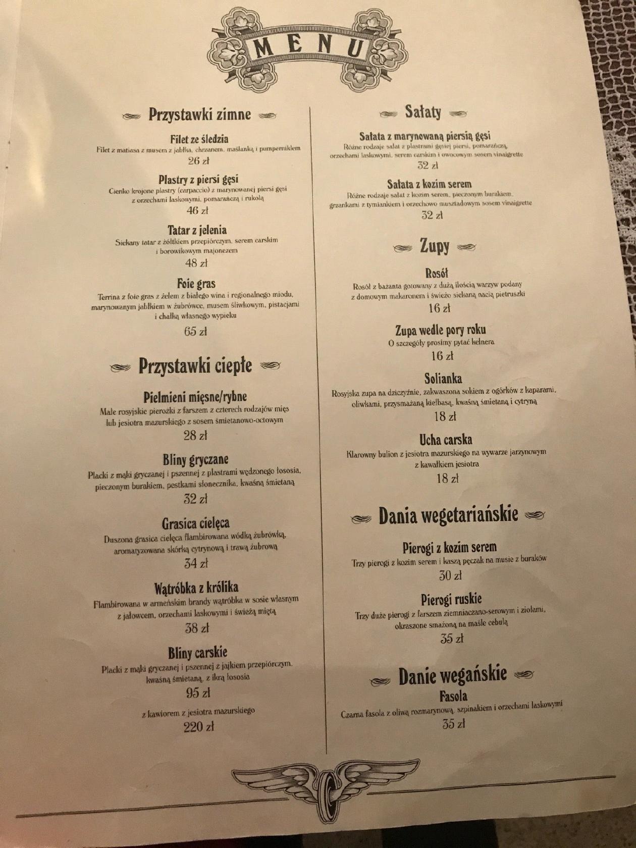 Menu at Restauracja Carska restaurant, Białowieża