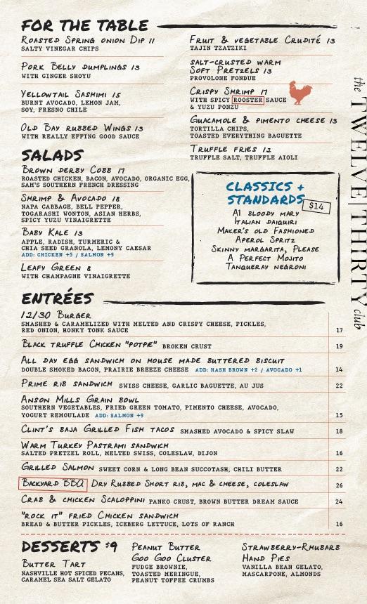 Menu at The Twelve Thirty Club, Nashville, 550 Broadway