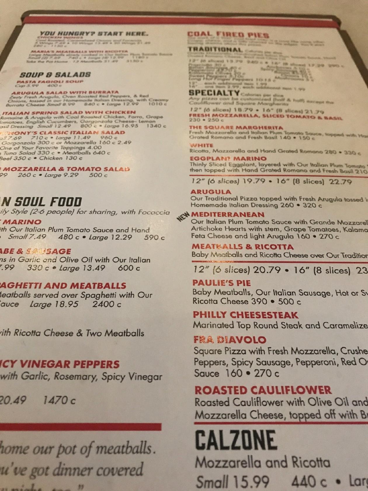 Menu at Anthony's Coal Fired Pizza pizzeria, Natick