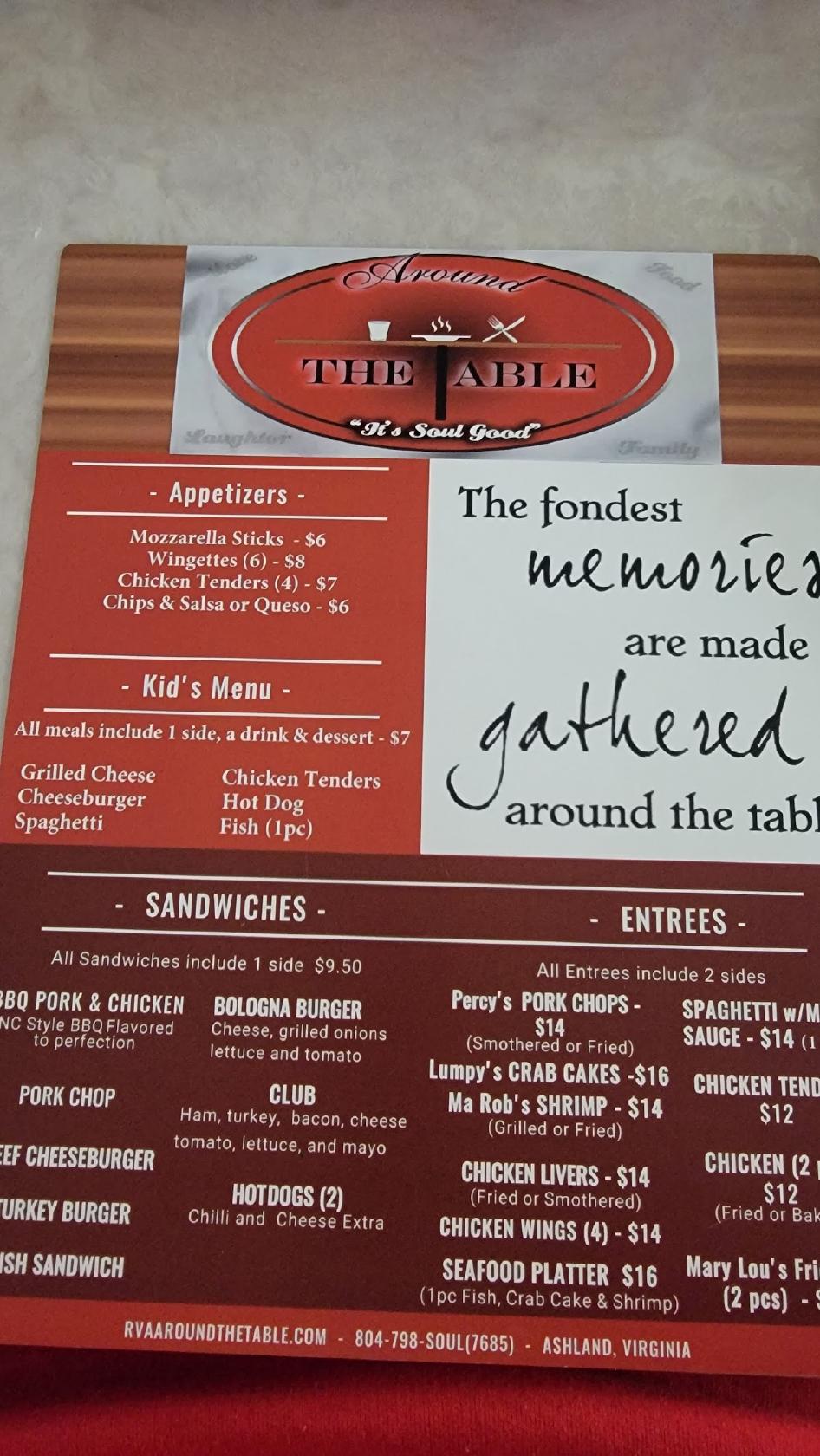 Menu at Around The Table restaurant, Ashland
