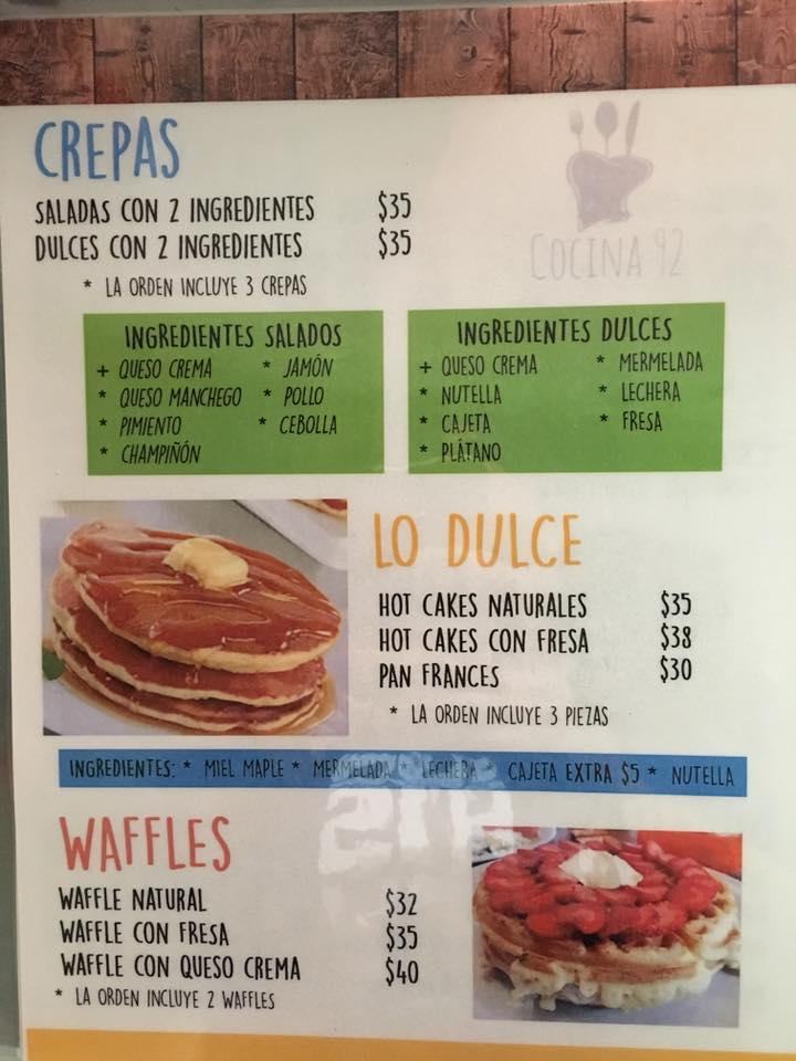 Menu at Cocina 92 restaurant, Guadalajara
