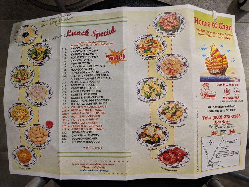 Menu at House of Chan restaurant, North Augusta, 205 1/2 Edgefield Rd