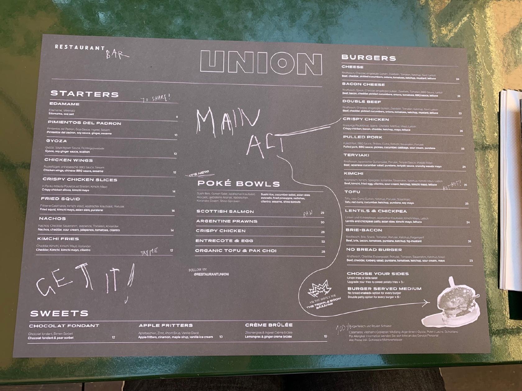 Menu at Restaurant Union, Basel, Klybeckstrasse 95