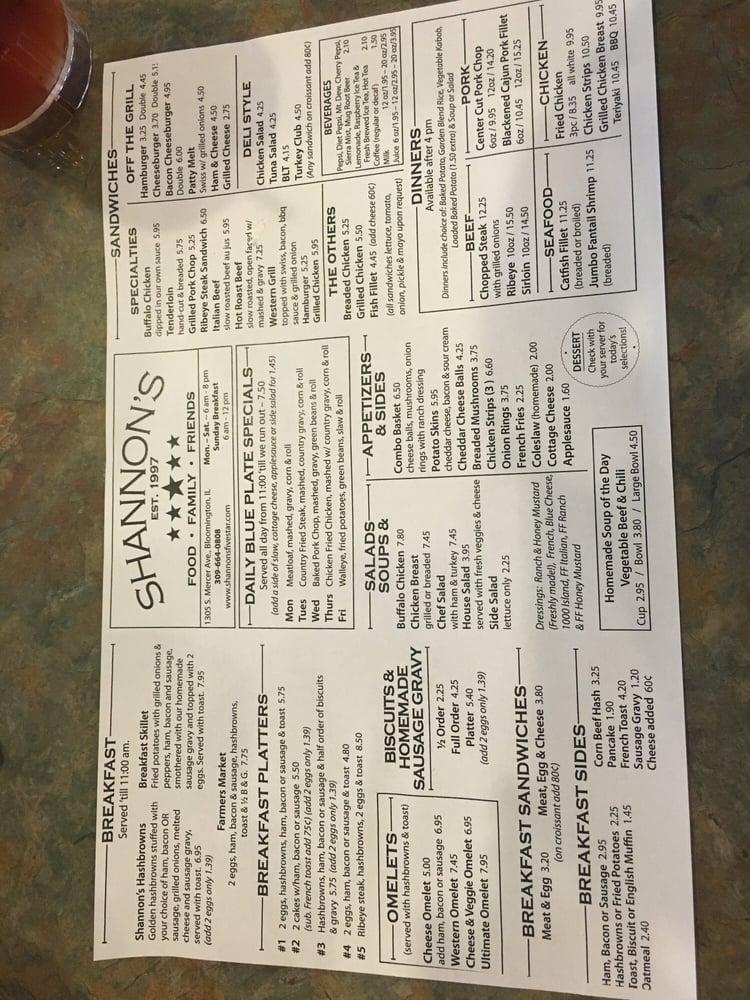 Menu at Shannon's Five Star restaurant, Bloomington, S Mercer Ave