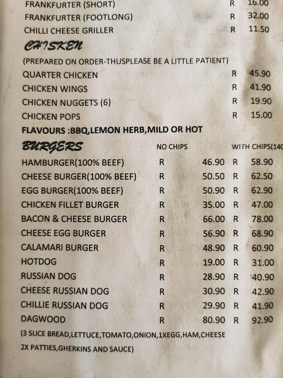 Menu at Slap Chips restaurant, Vanderbijlpark