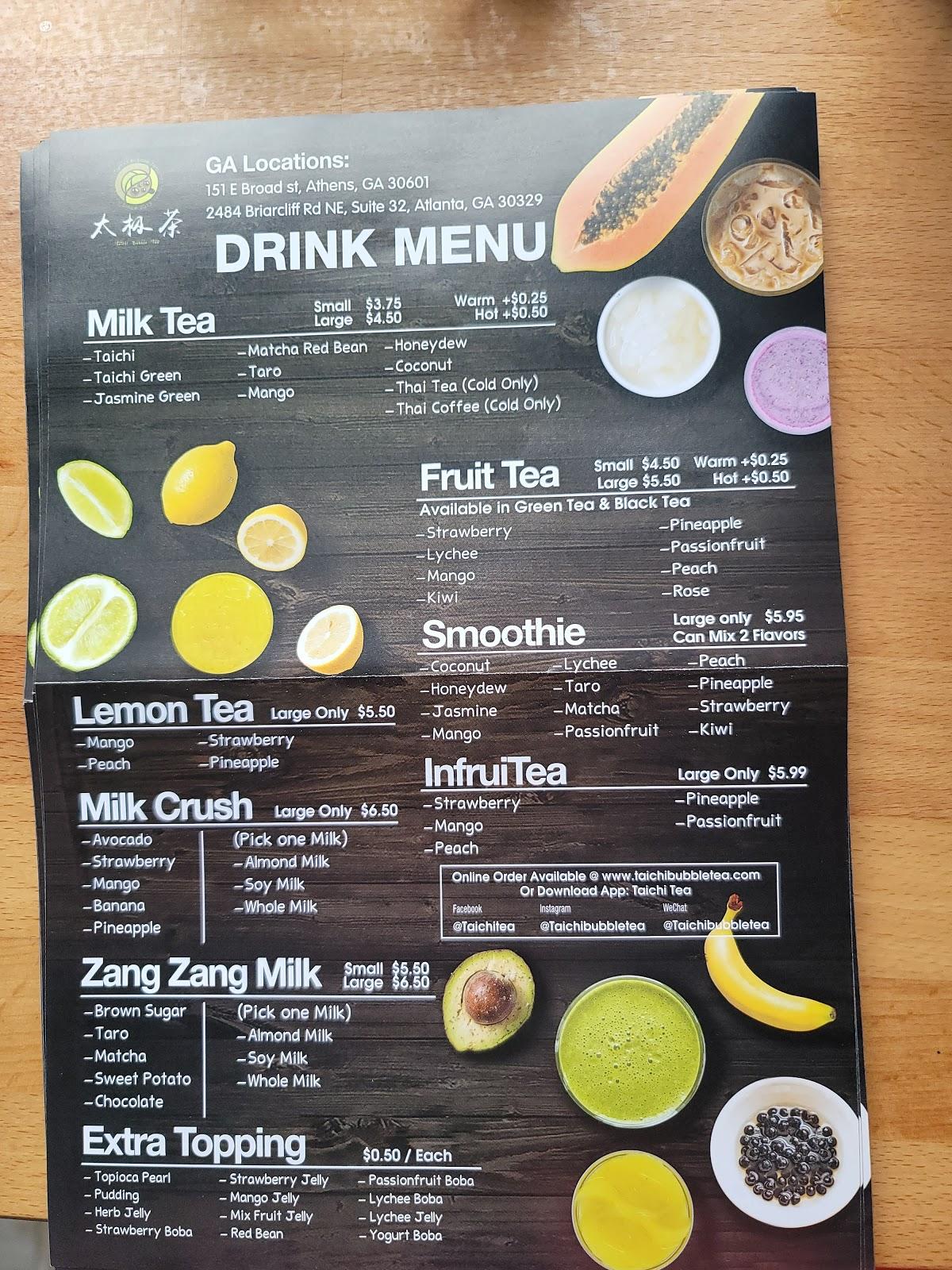 Menu at Taichi Bubble Tea restaurant, Atlanta