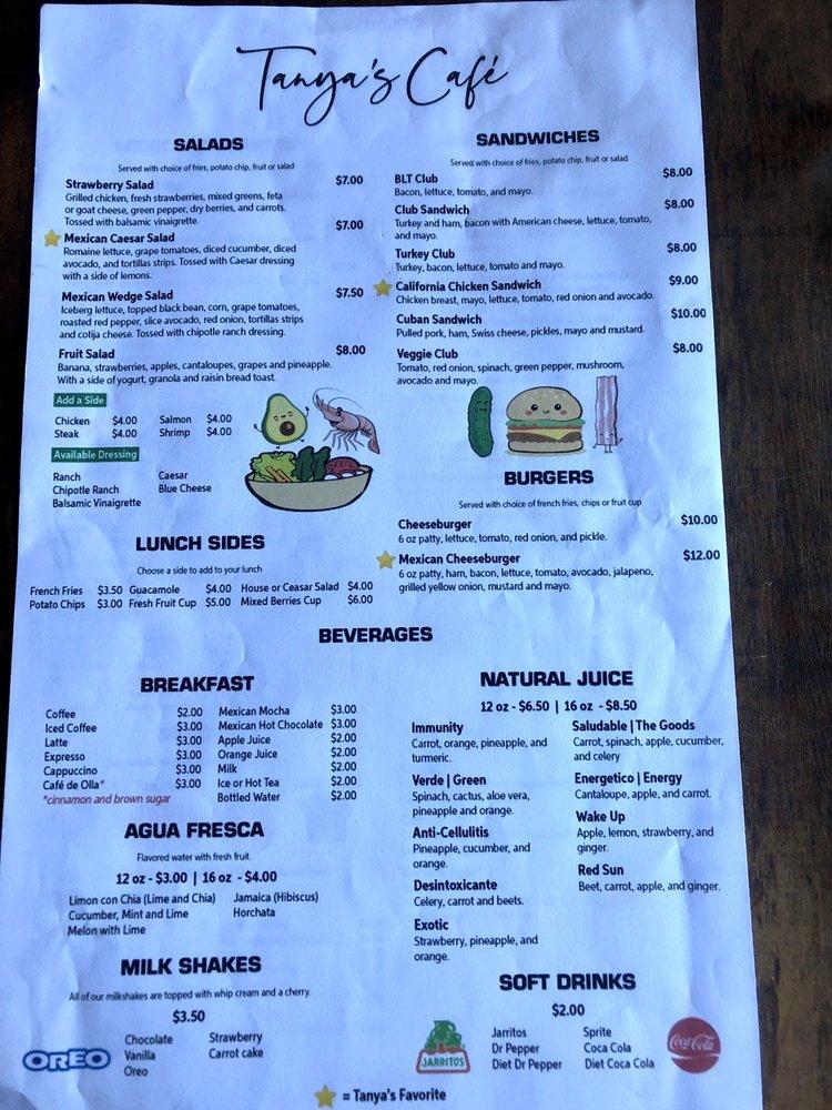 Menu at Tanya's Cafe, Garland