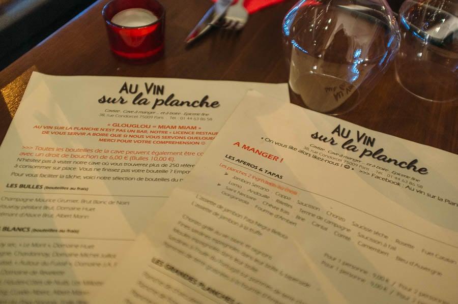 Menu at Au Vin Sur La Planche pub & bar, Paris