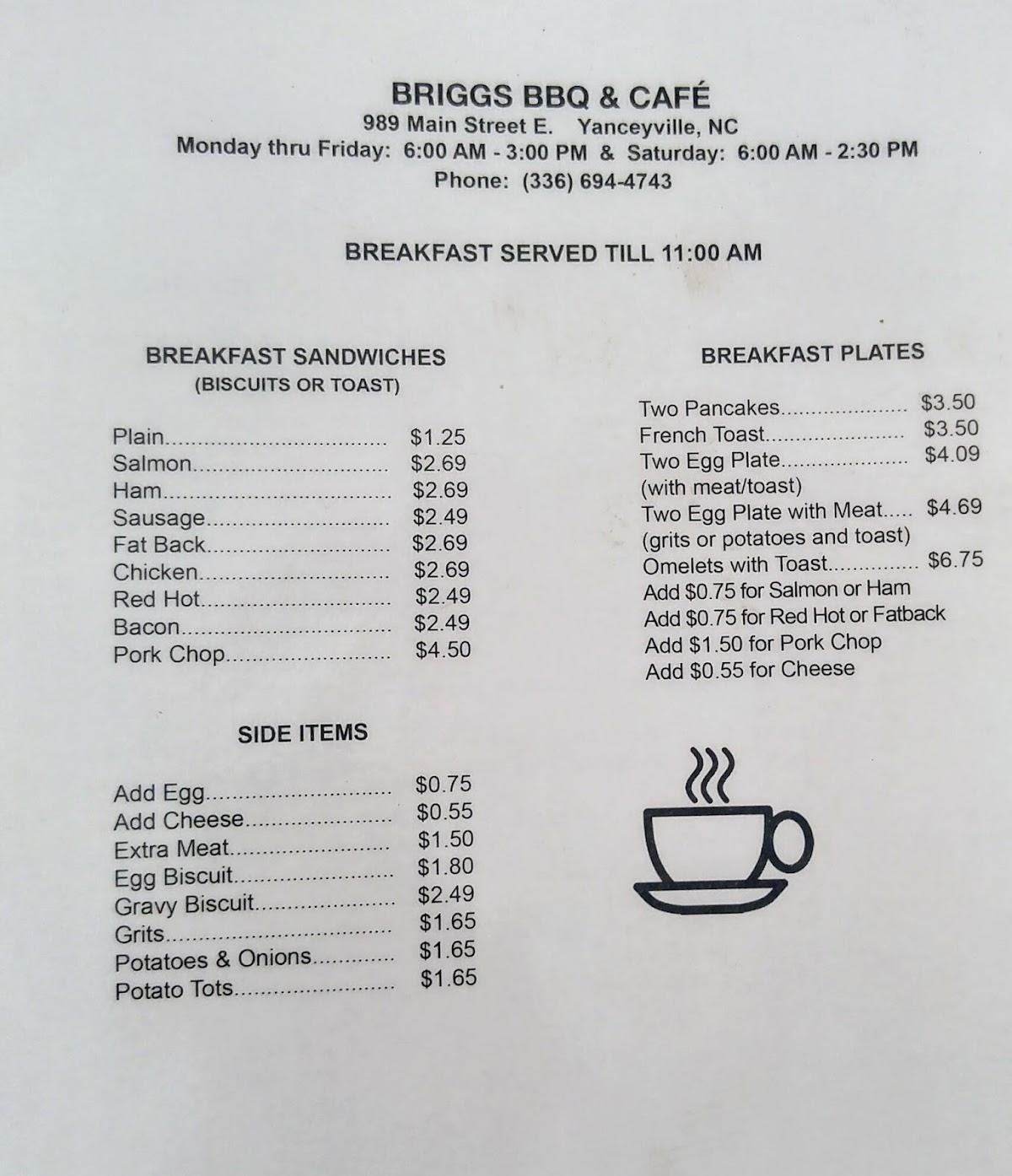 Menu at Briggs Bar-B-Que & Grill, Yanceyville, 989 E Main St
