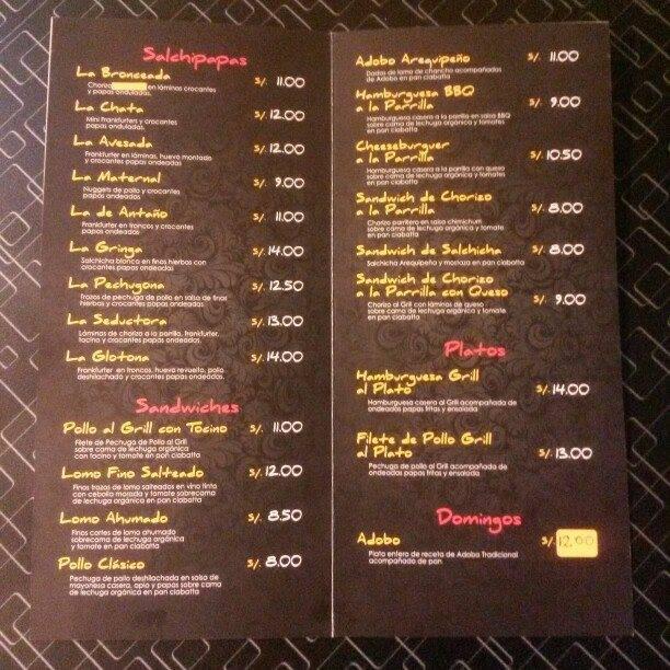 Menu at Snack Attack, Arequipa