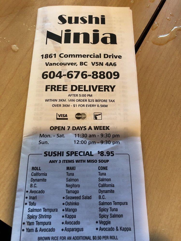 Menu at Sushi Ninja restaurant, Vancouver