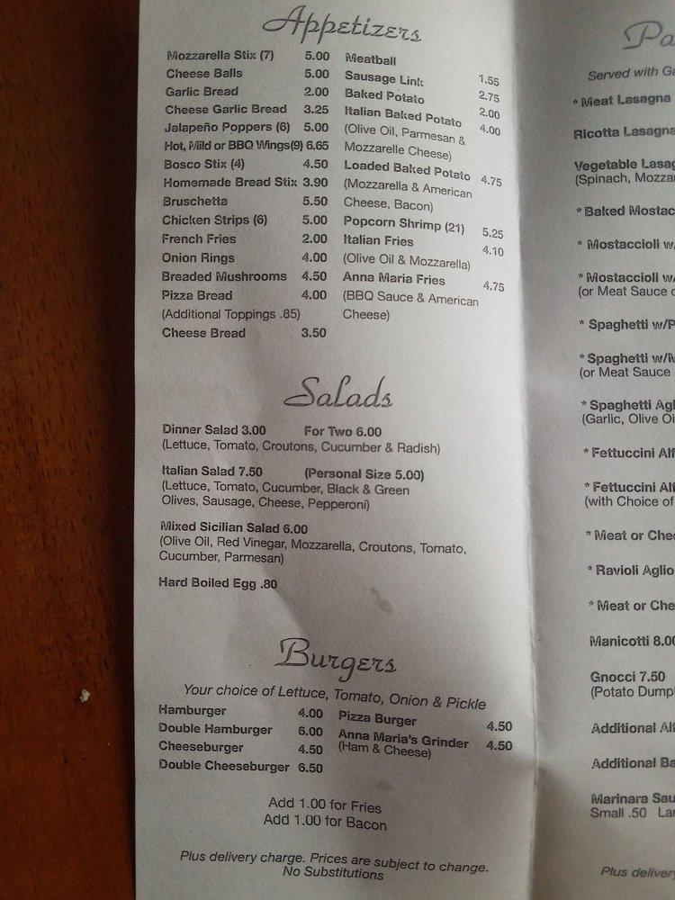 Menu at Anna Maria's II In Roscoe pizzeria, Roscoe