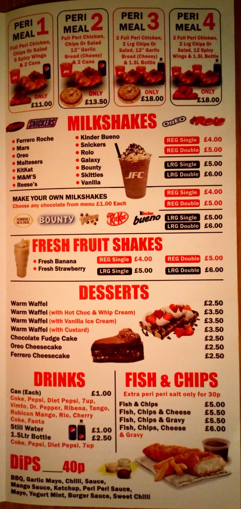 Menu at JFC restaurant, Salford
