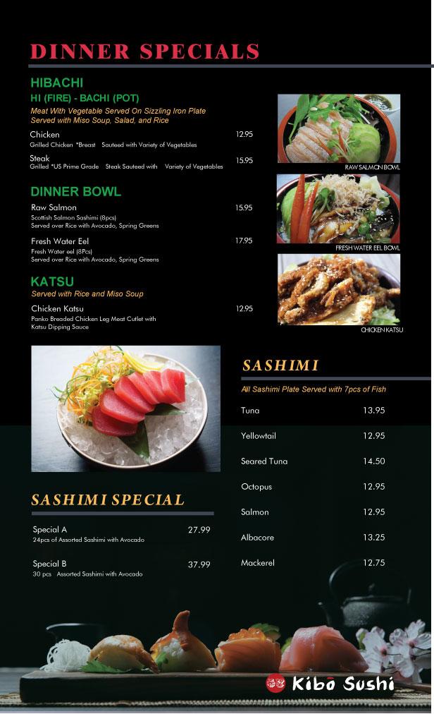 Menu at Kibo Sushi restaurant, Ventura