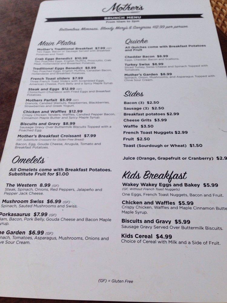 Menu at Mother's restaurant, Tampa
