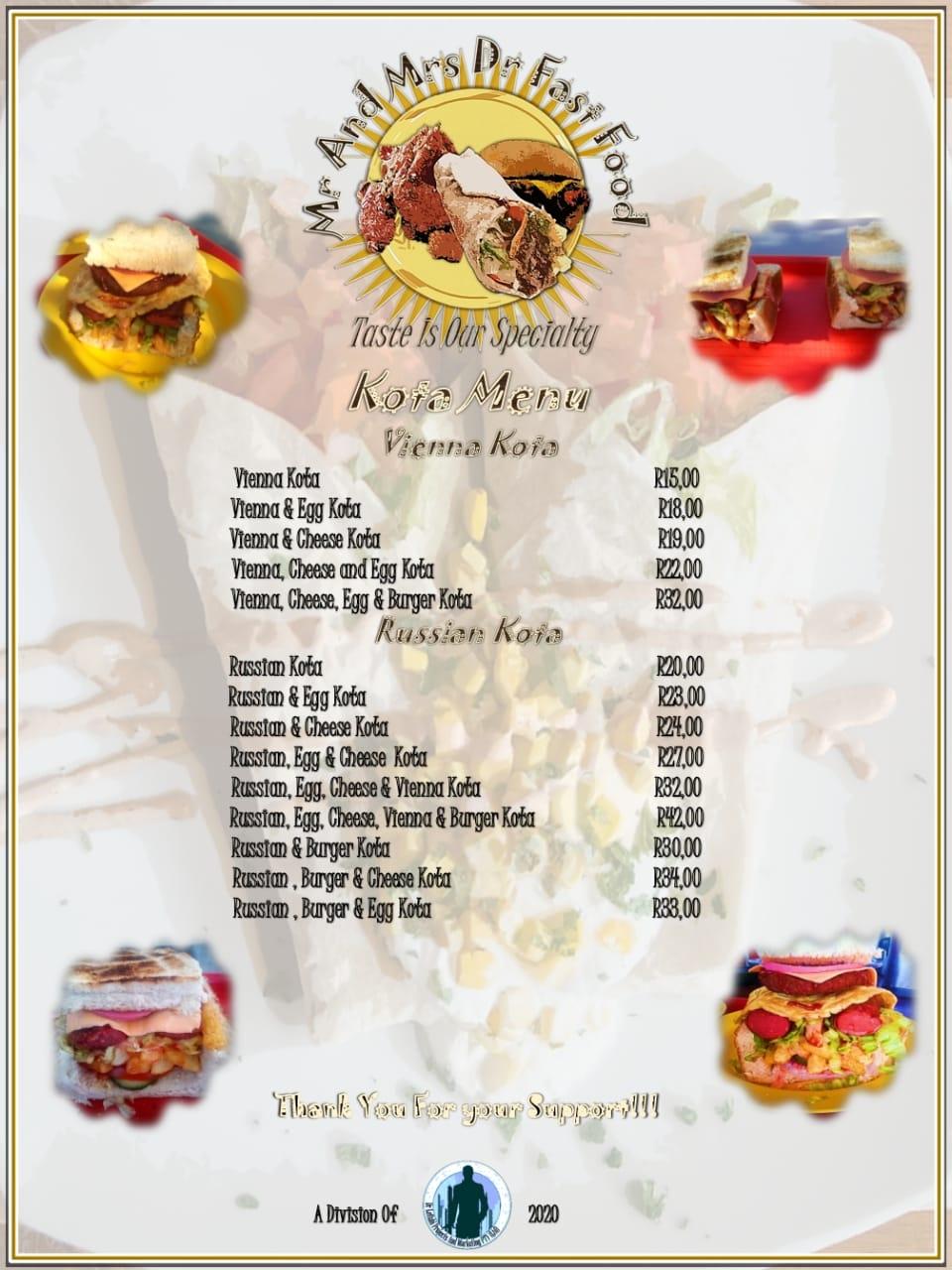 Speisekarte von Mr and Mrs Dr Fast Food, Dikebu