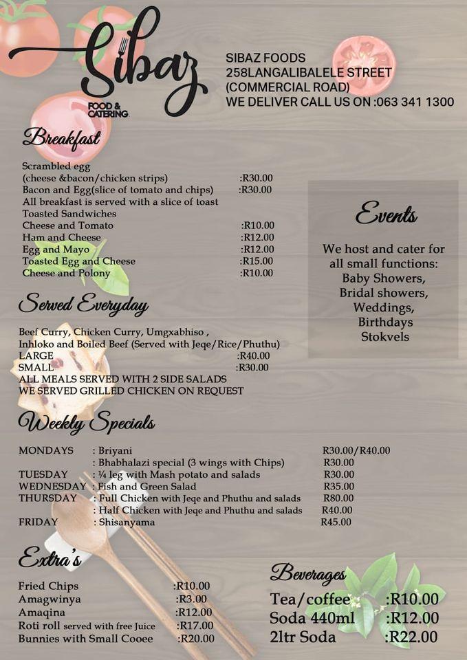 Speisekarte von SIBAZ FOOD AND CATERING restaurant, Pietermaritzburg