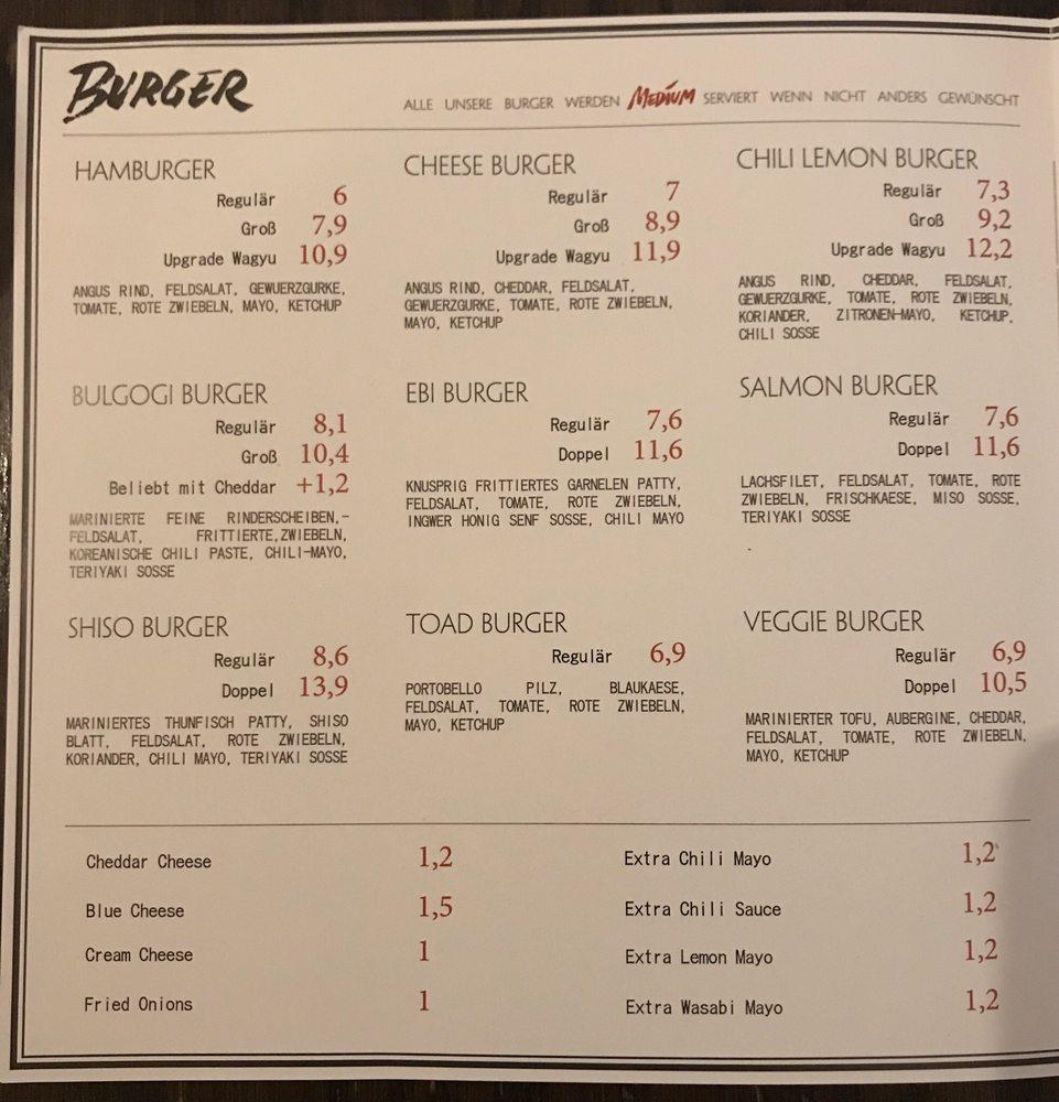 Menu at Shiso Burger restaurant, Berlin, Auguststraße 29C