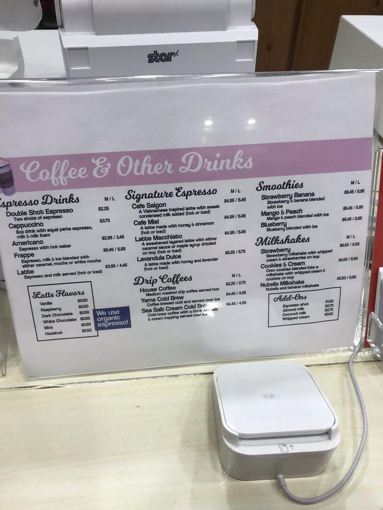 Menu at Sno Bubble Tea, Springfield