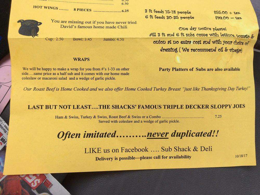 Menu at Sub Shack & Deli restaurant, Hackettstown