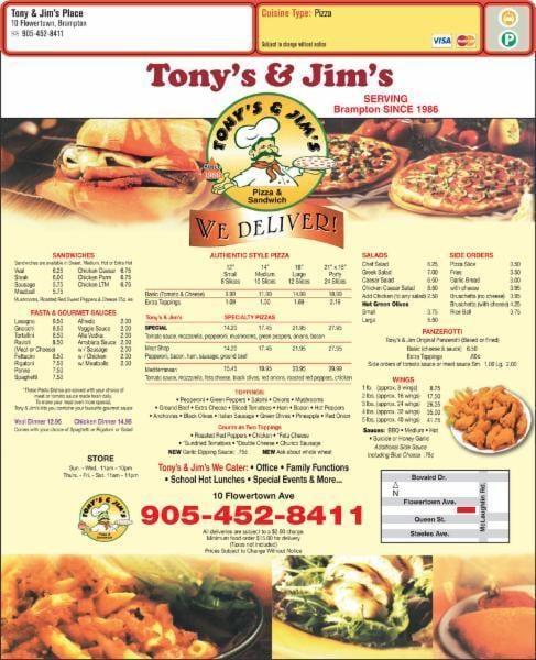 Menu au Tony & Jim's Place pizzeria, Brampton